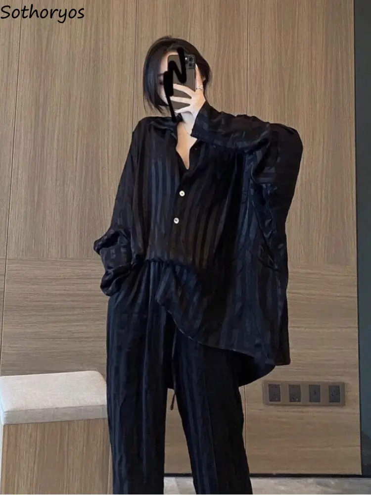 Basic-Pajama-Sets-Women-Loose-Casual-Smooth-Turn-down-Collar-Simple ...