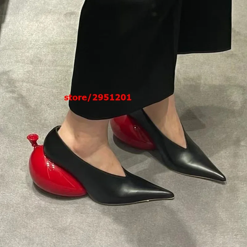 Red-Balloon-Heel-Pumps-Women-Sexy-Dress-Heels-Black-Pointed-Toe-High ...