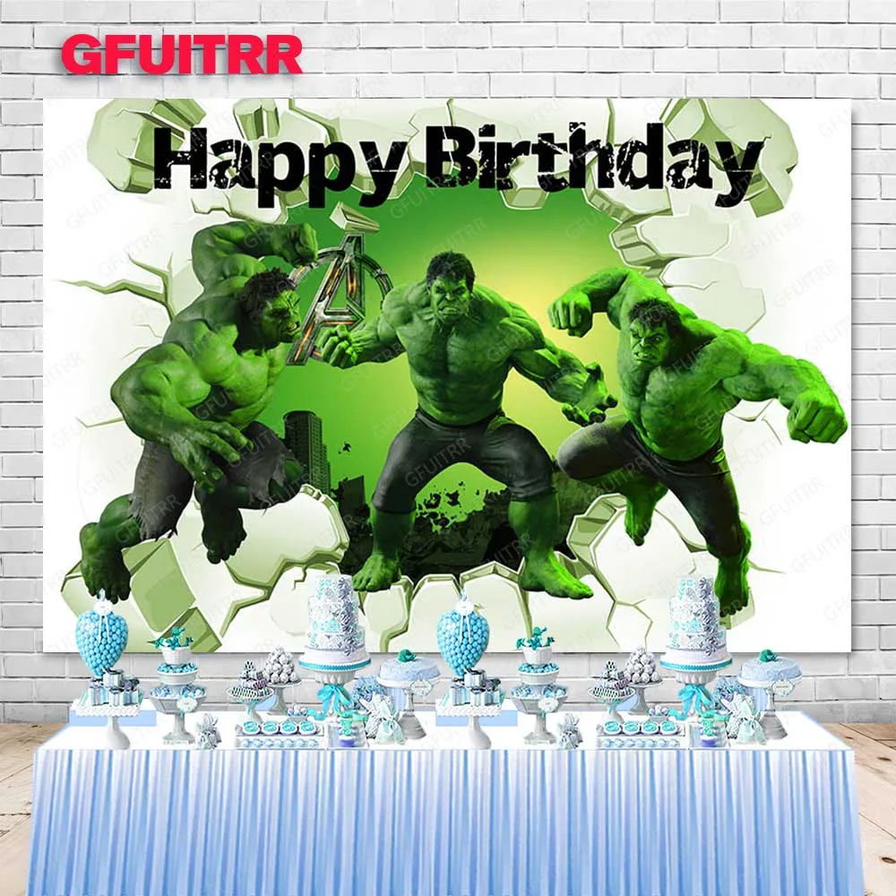 Superhero Hulk Avenger Green Backdrop Boy Happy Birthday Party Fist ...