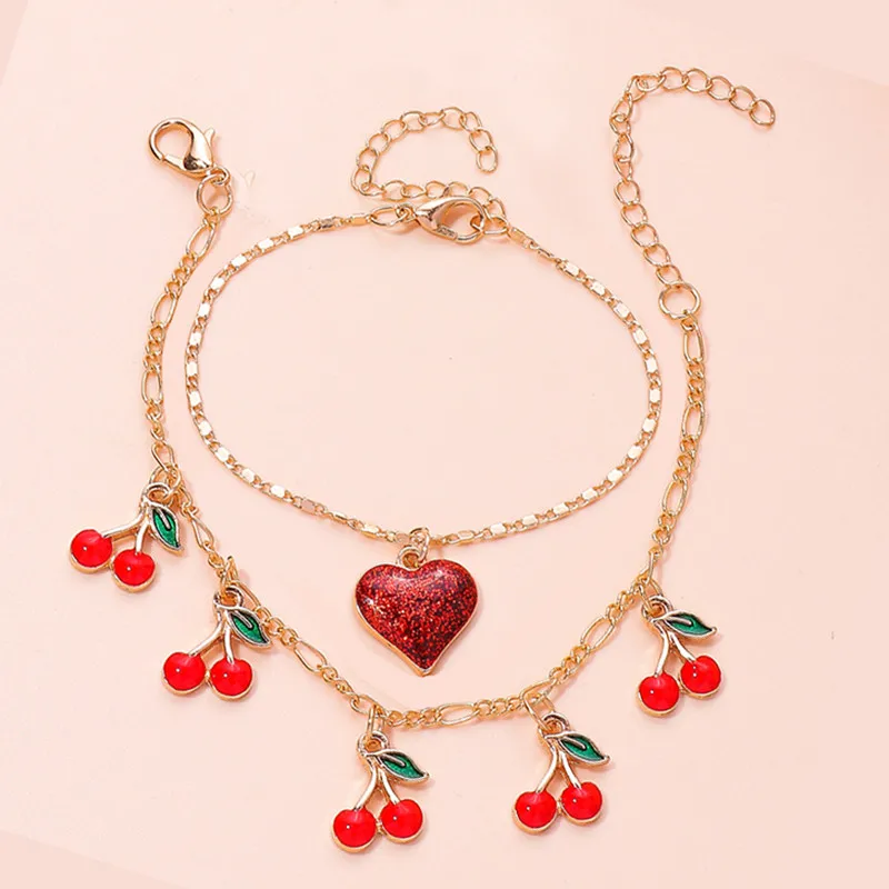 Romantic-Sweet-Girl-Red-Heart-Cherry-Bracelet-for-Women-Simple-Gold ...