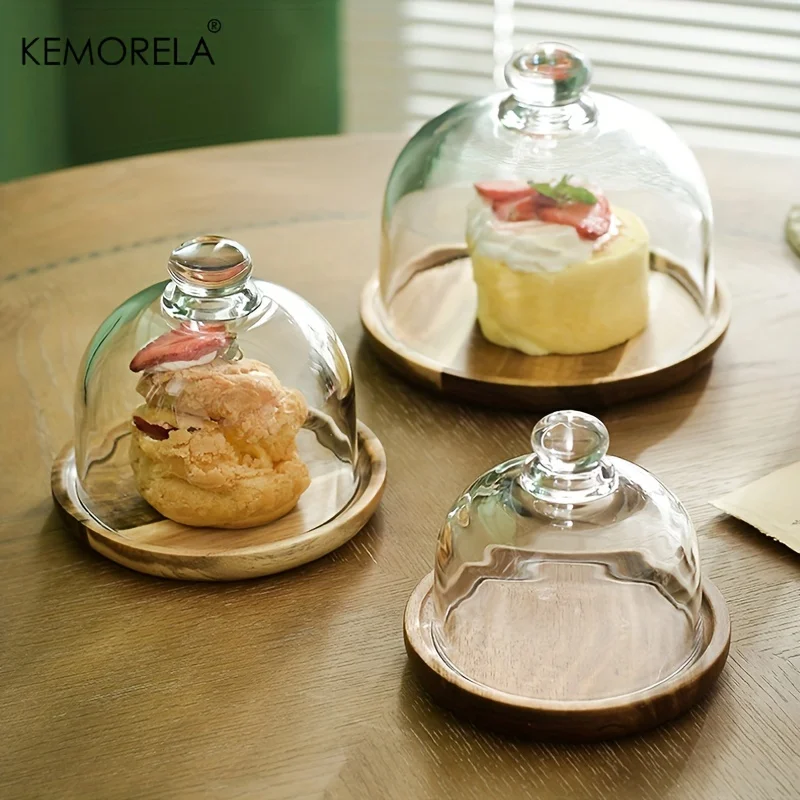 KEMORELA Bamboo Cake Stand with Clear Glass Lid Dustproof Decorative ...