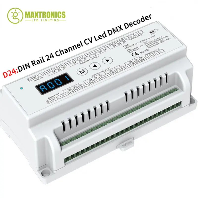 New-12V-24VDC-DIN-Rail-24-Channel-CV-Led-DMX-Decoder-D24-input-3A-24CH ...