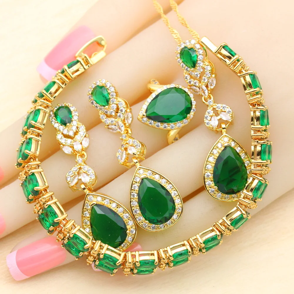 Green Crystal Water Drop Gold Plated Jewelry Sets For Women Wedding ...