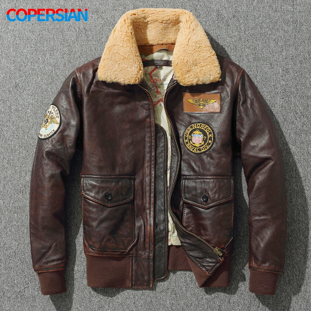 G1 Men's Thick Pilot Leather Jacket Vintage Brown Loose Coat Wool ...