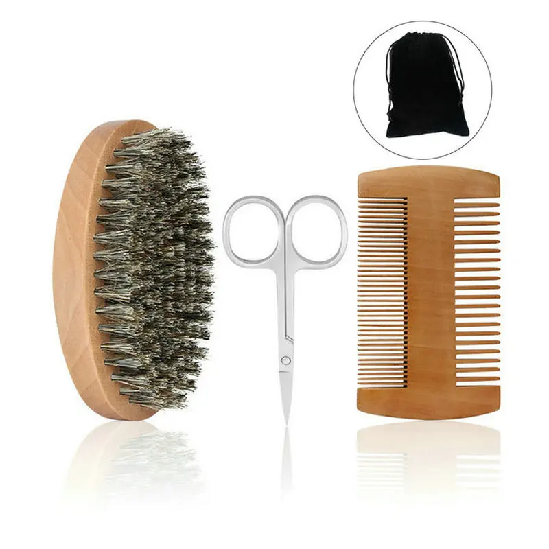 Professional-Soft-Boar-Bristle-Beard-Brush-Scissors-Shaving-Brush-Comb ...