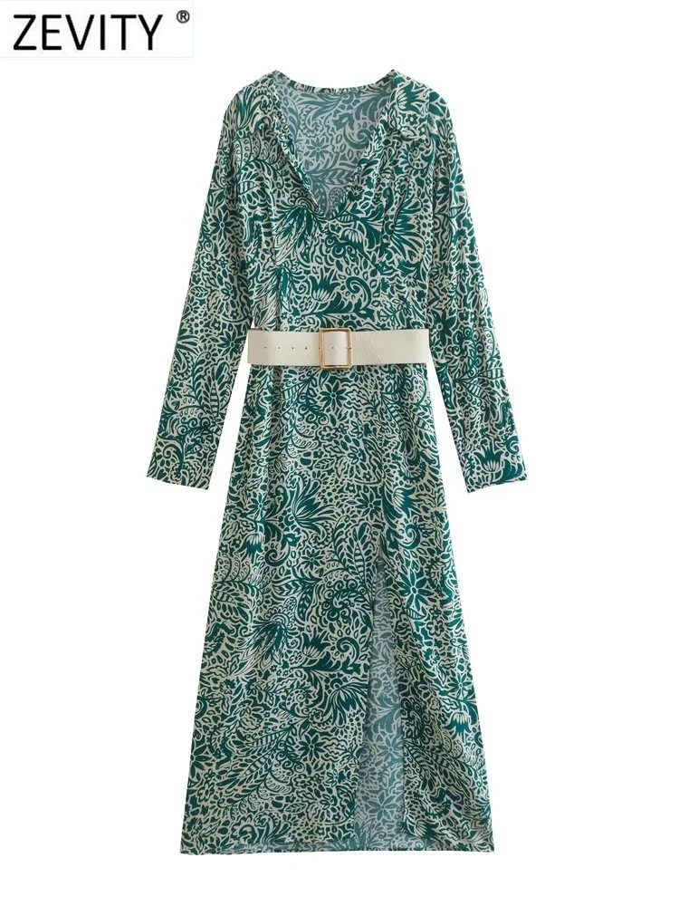 Zevity Women Vintage V Neck Floral Print Casual Slim Split Midi Dress ...