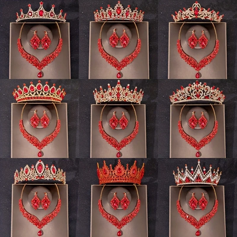 Red Color Crystal Bridal Jewelry Sets Rhinestone Tiaras Crown Necklace ...