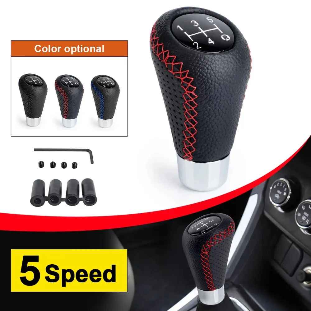 Universal 5 Speed Manual Leather Red Stitch Gear Shift Knob Car Gear ...