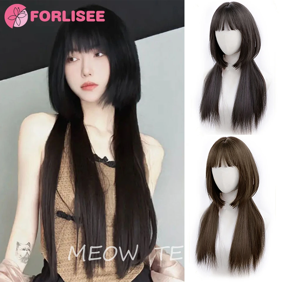 FORLISEE-27-Inch-Jellyfish-Head-Long-Straight-Hair-With-Bangs-Synthetic ...
