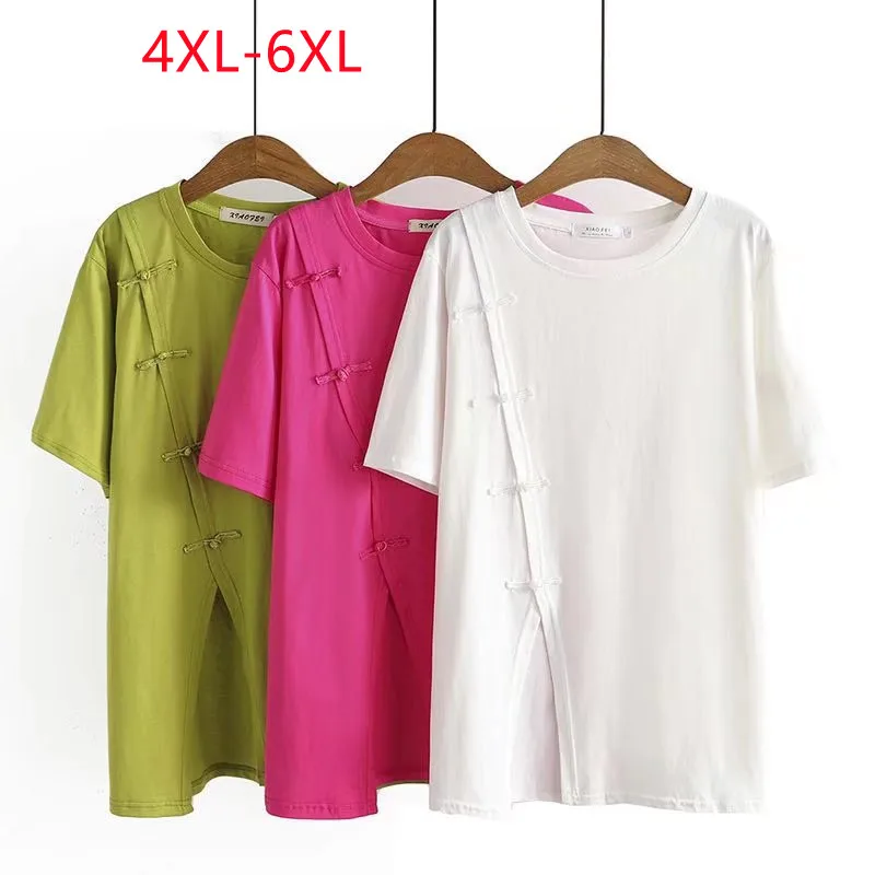 Large Womens 2022 Summer New Fashion Round Neck Button Split Short Plus Size Sleeve T-shirt 4xl ...