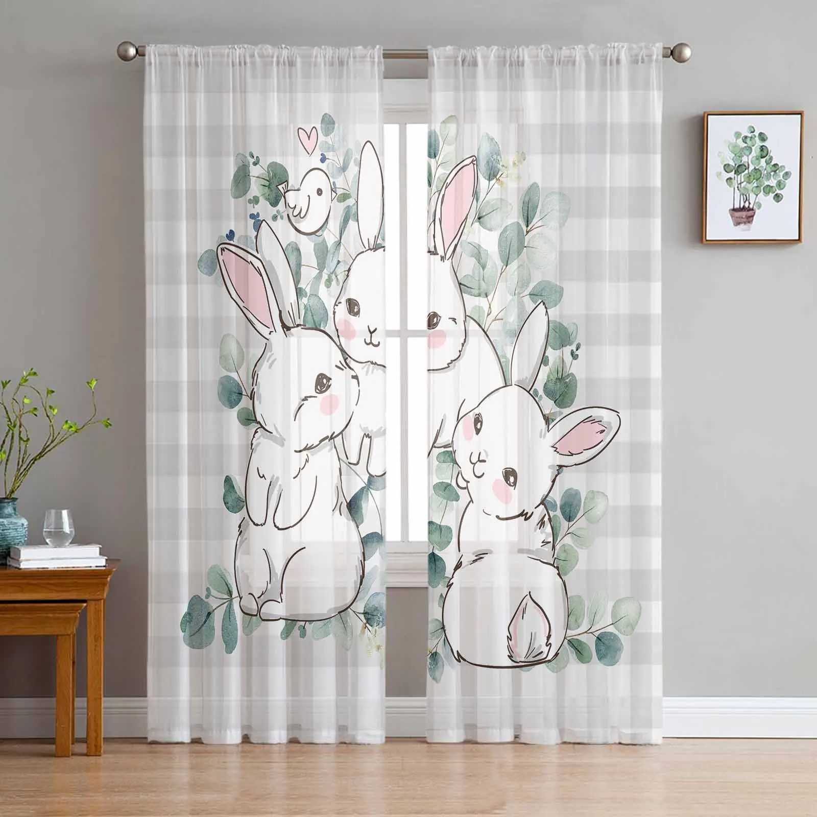 Easter-Eucalyptus-Leaves-Rabbit-Plaid-Voile-Curtains-for-Bedroom-Window ...