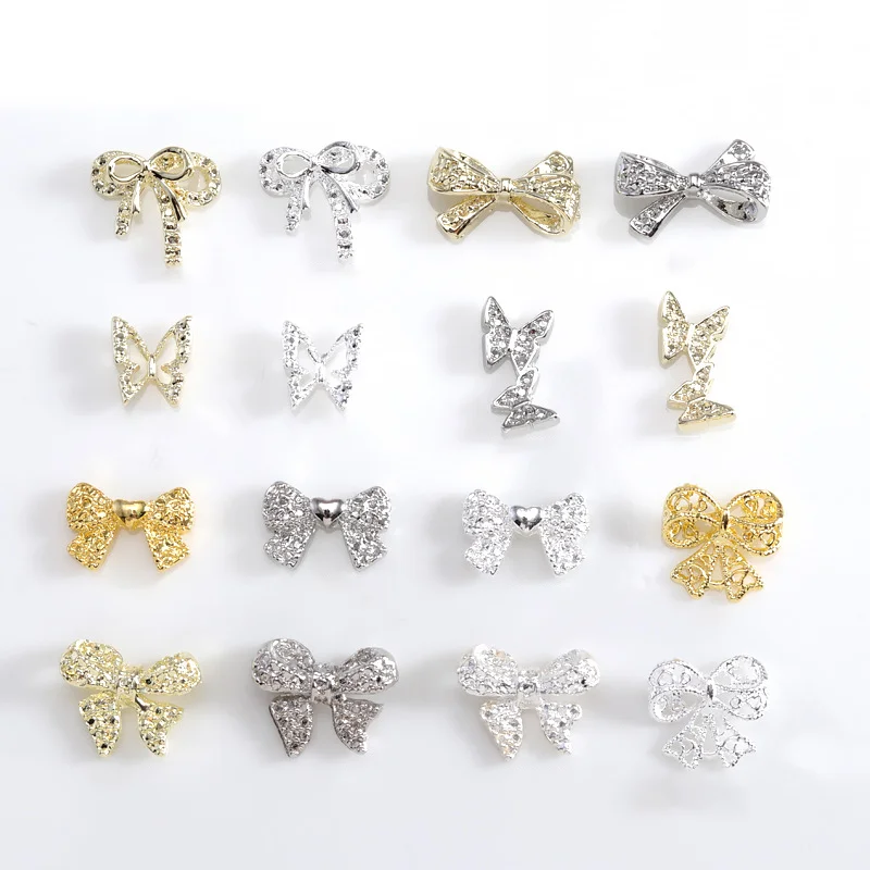 10pcs Alloy Butterfly Bow Nail Charms Parts Gold Silver Glitter Metal ...