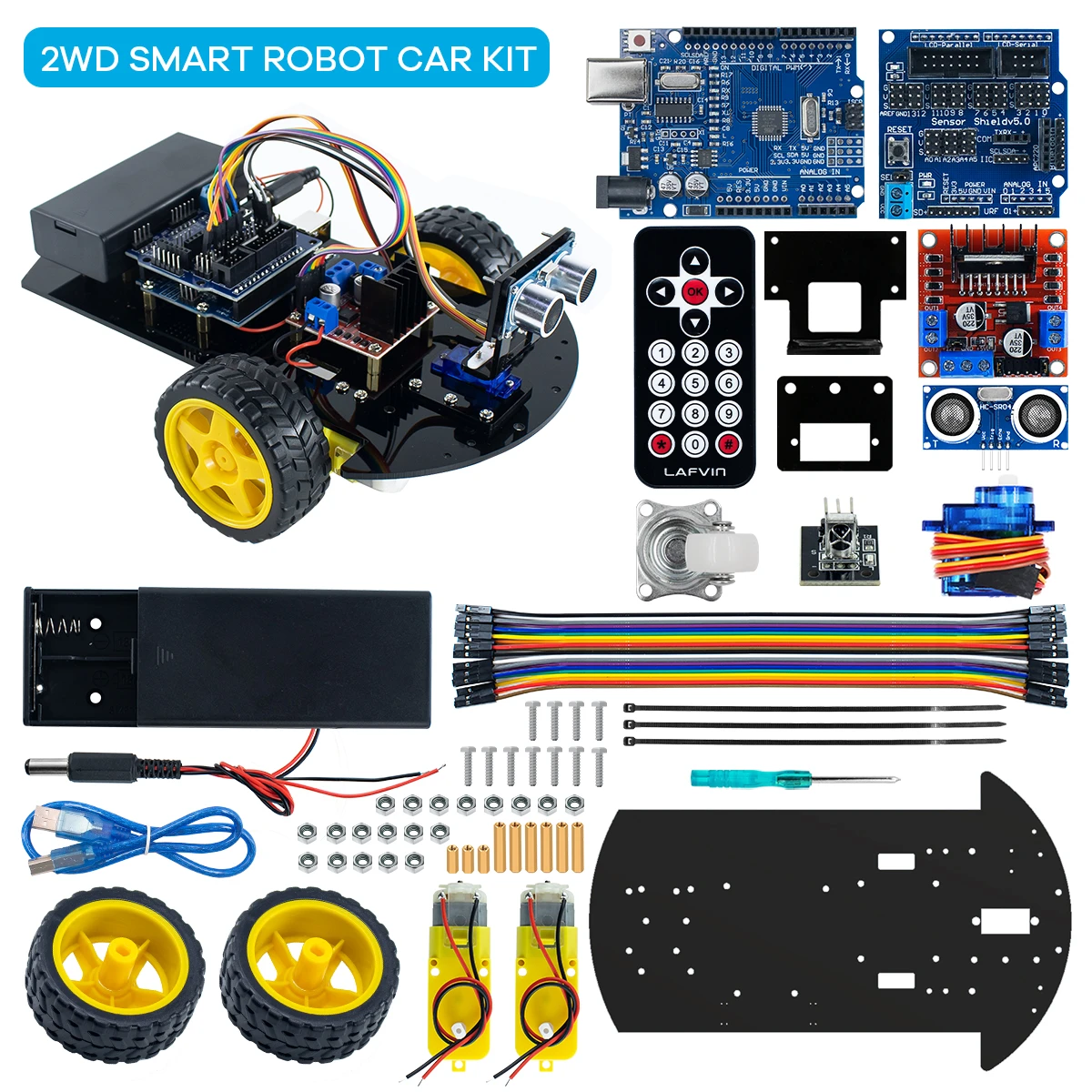 Lafvin – Kit De Châssis De Voiture Robot Intelligent 2wd, Avec Module Ultrasonique, Tableau De ...