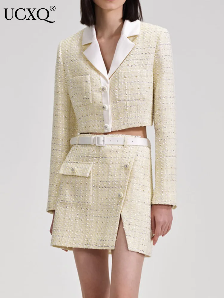 UCXQ-Fashion-Tweed-Sets-Elegant-Temperament-Yellow-Cardigan-Short ...