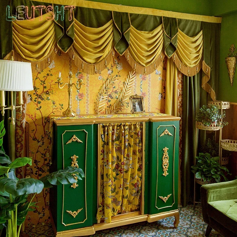 High-end-Velvet-Villa-Curtains-Spliced-with-Yellow-and-Green-Valance ...