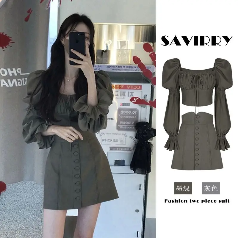 Conjunto-de-dos-piezas-para-mujer-traje-de-cuello-cuadrado-manga-de ...