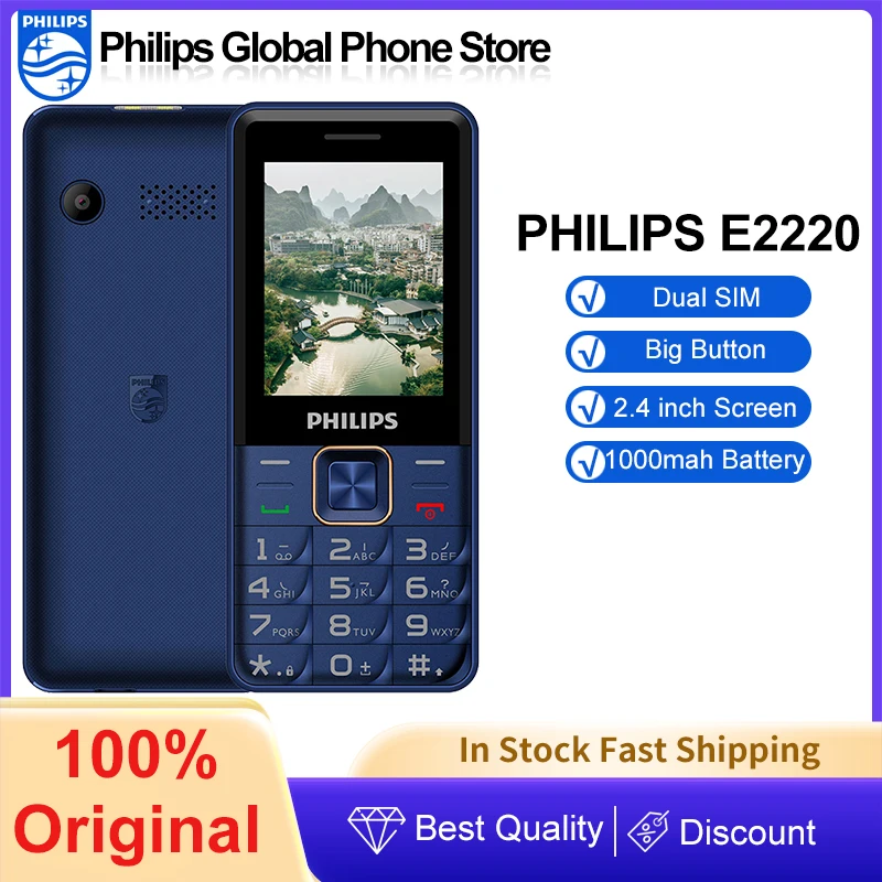 PHILIPS E2220 Mobile Phone 2 SIM Card 1000 Extra Long Standby Battery 2 ...