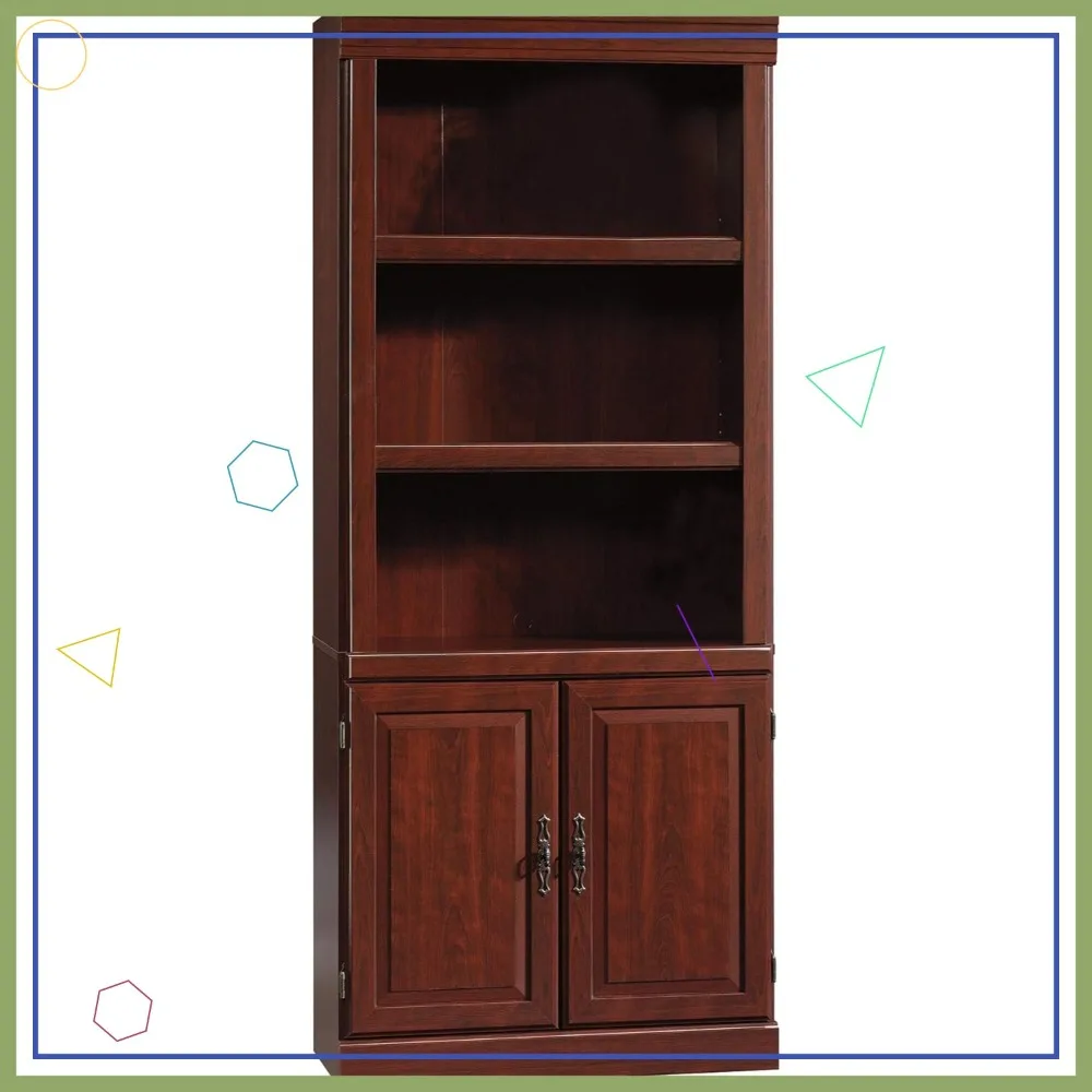Classic Cherry Wood Bookcase with Doors, 5 Shelves Adjustable Storage ...