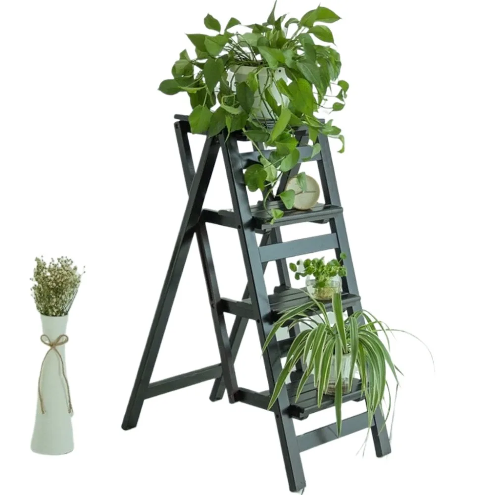 Foldable-Upstairs-Wood-Step-Ladder-Stool-Flower-Stand-Shelf-Library ...