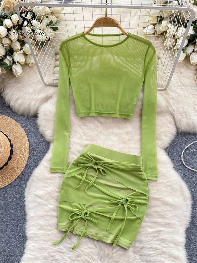 SINGREINY-2024-Y2K-Sexy-Mesh-Suits-O-Neck-Long-Sleeves-Short-Tops-Mini ...