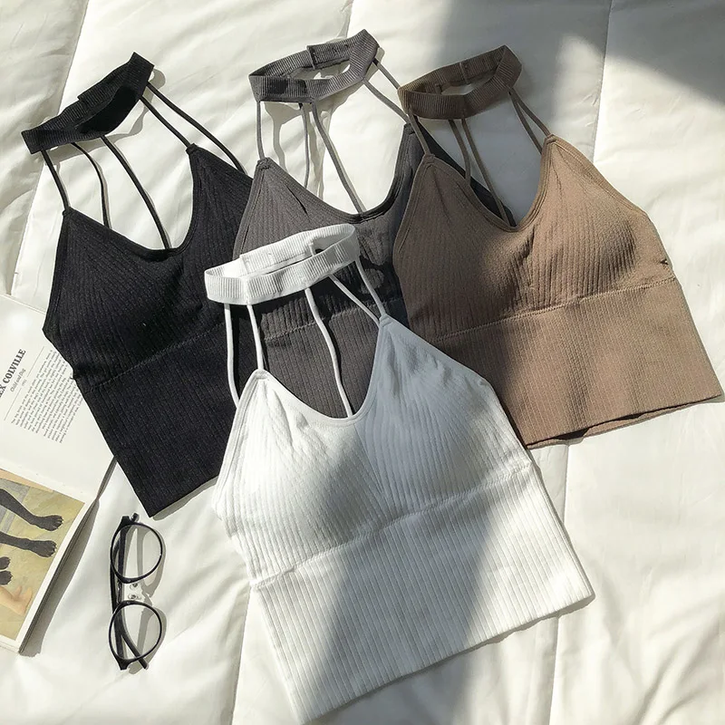 Sexy-Halter-Tank-Top-Women-Built-In-Bra-Off-Shoulder-Solid-Color-Crop ...