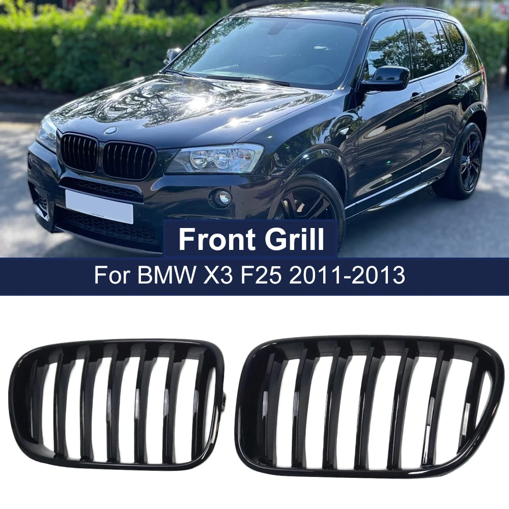 2PCS Front Kidney Grille Grill 1 Slat Gloss Black Front Hood Grills For ...