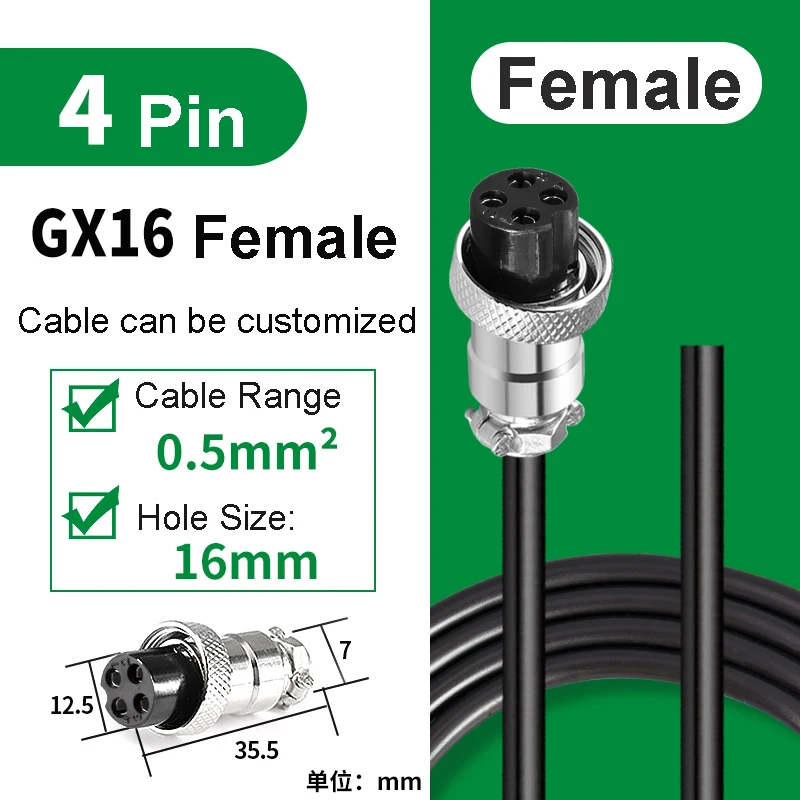 GX16 1m 2m Extension Cable Wire Aviation Female Plug IP67 Waterproof ...