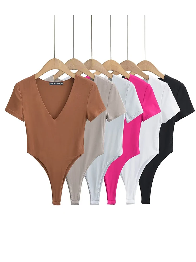 Women-s-V-Neck-Short-Sleeve-High-Split-Bodysuit-Stretchable-Slim-Top ...