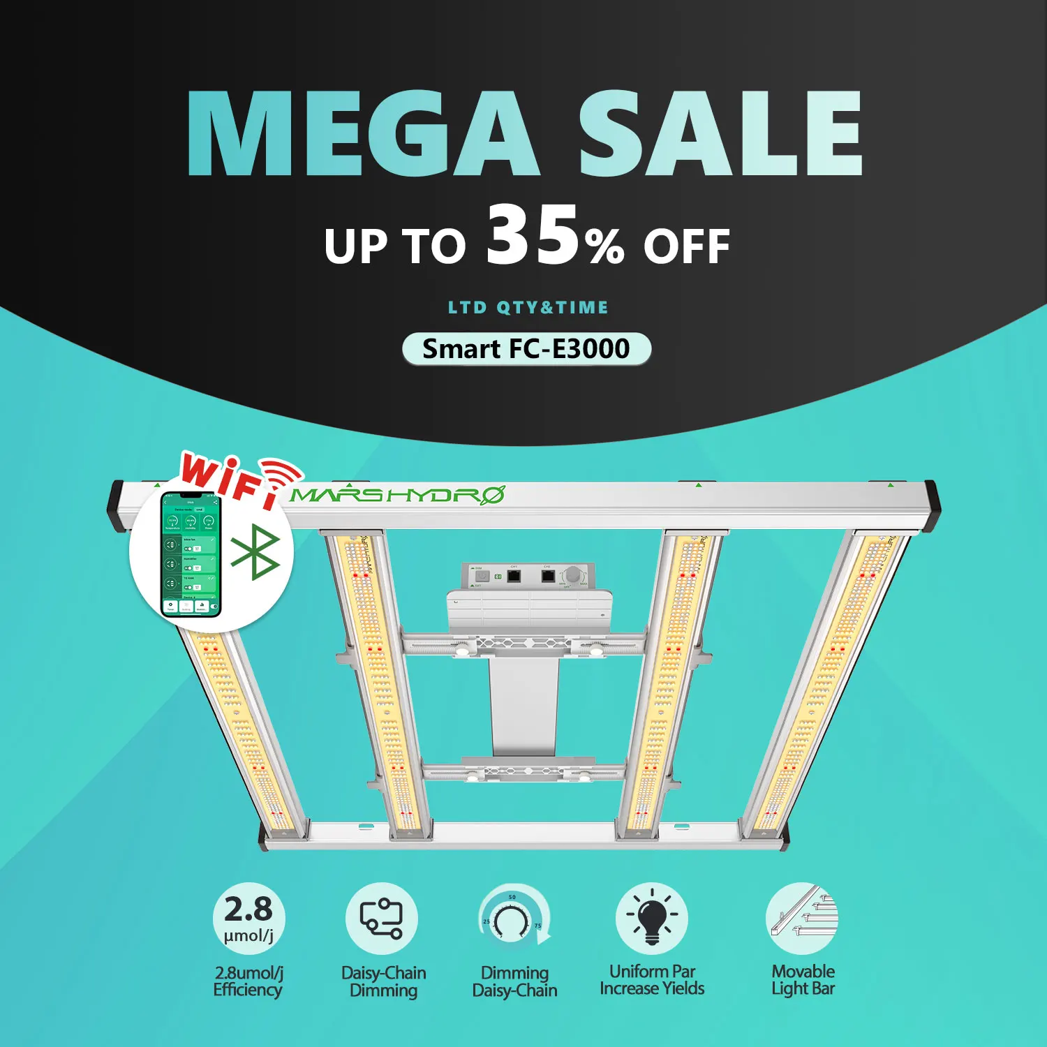 2023-Mars-Hydro-Smart-FC-E3000-300W-Full-Spectrum-LED-Grow-Lights-Bars ...