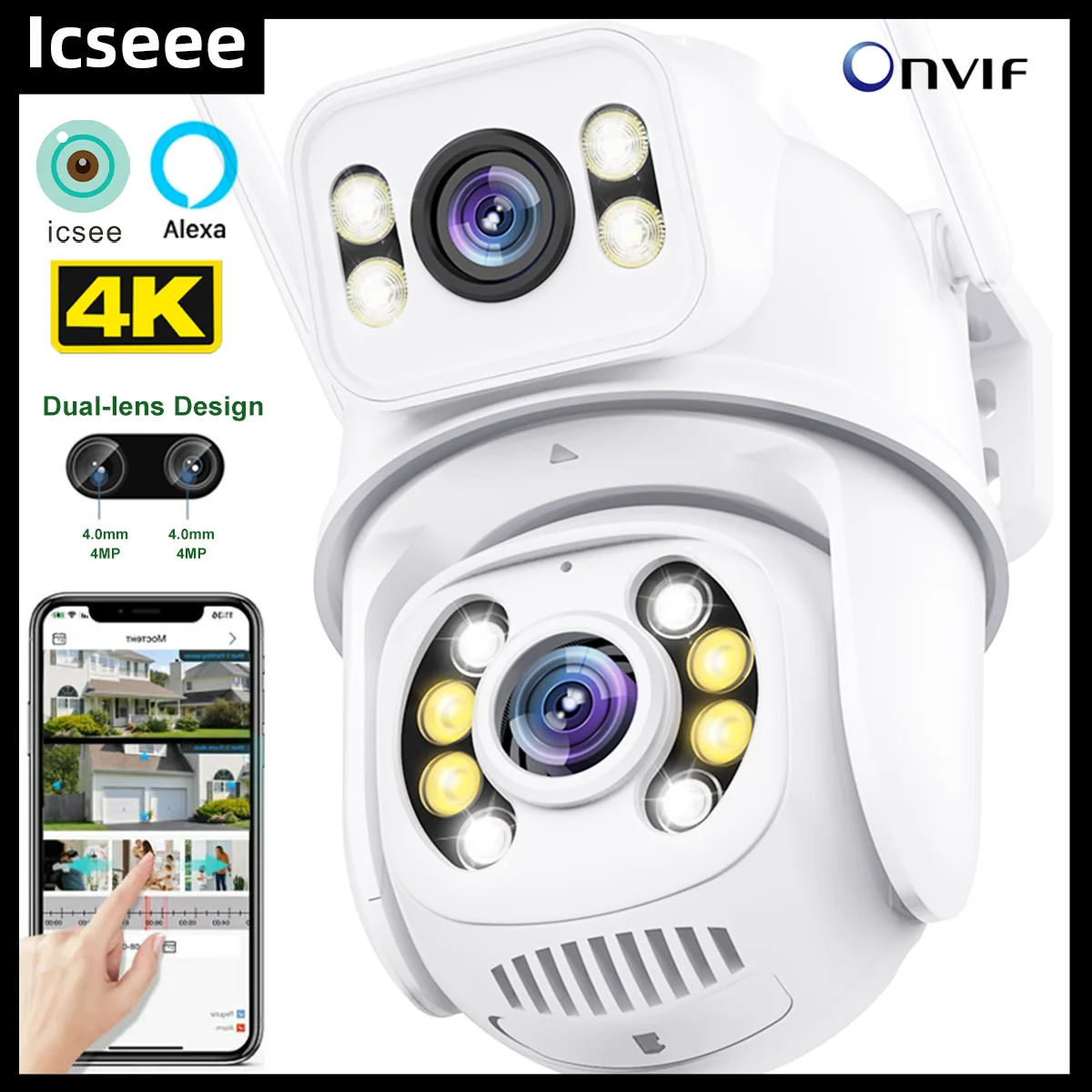 iCseee 8MP 4K PTZ Wifi Camera Dual Lens Multiple Views Ai Human Detect ...