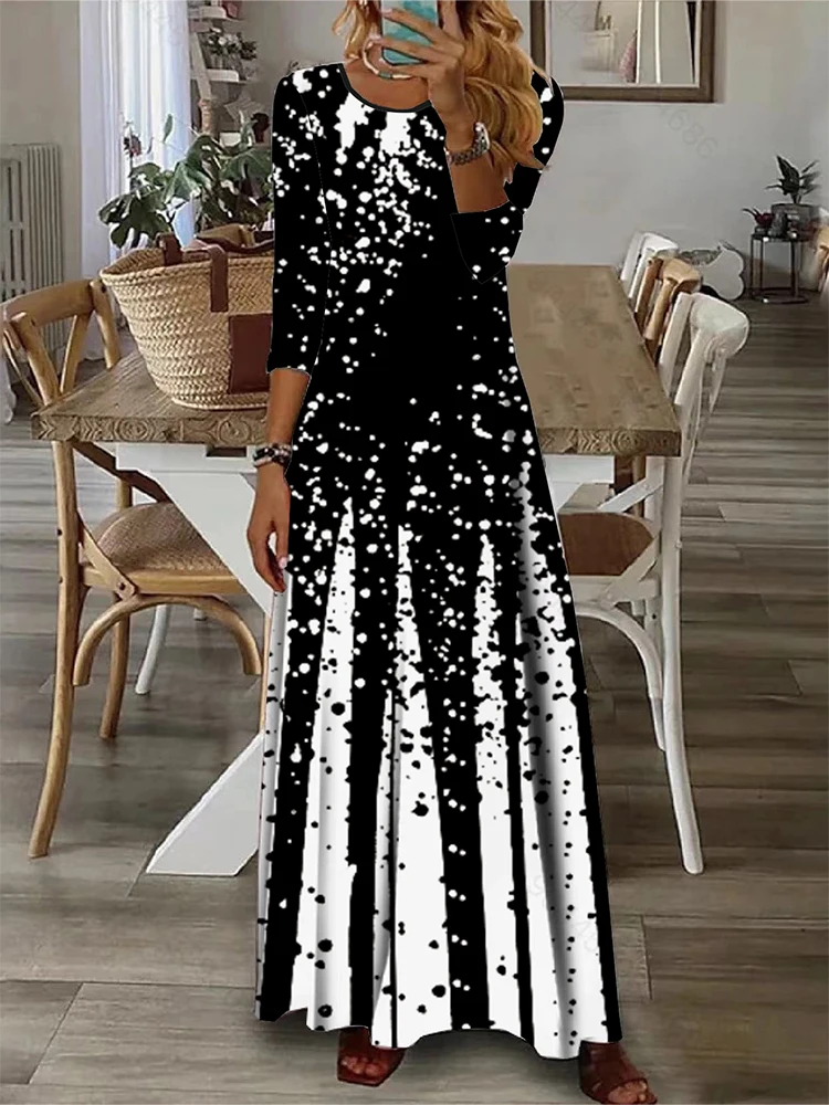 Women's Loose Casual Comfortable Maxi Dress round Neck Long Sleeve Dot ...