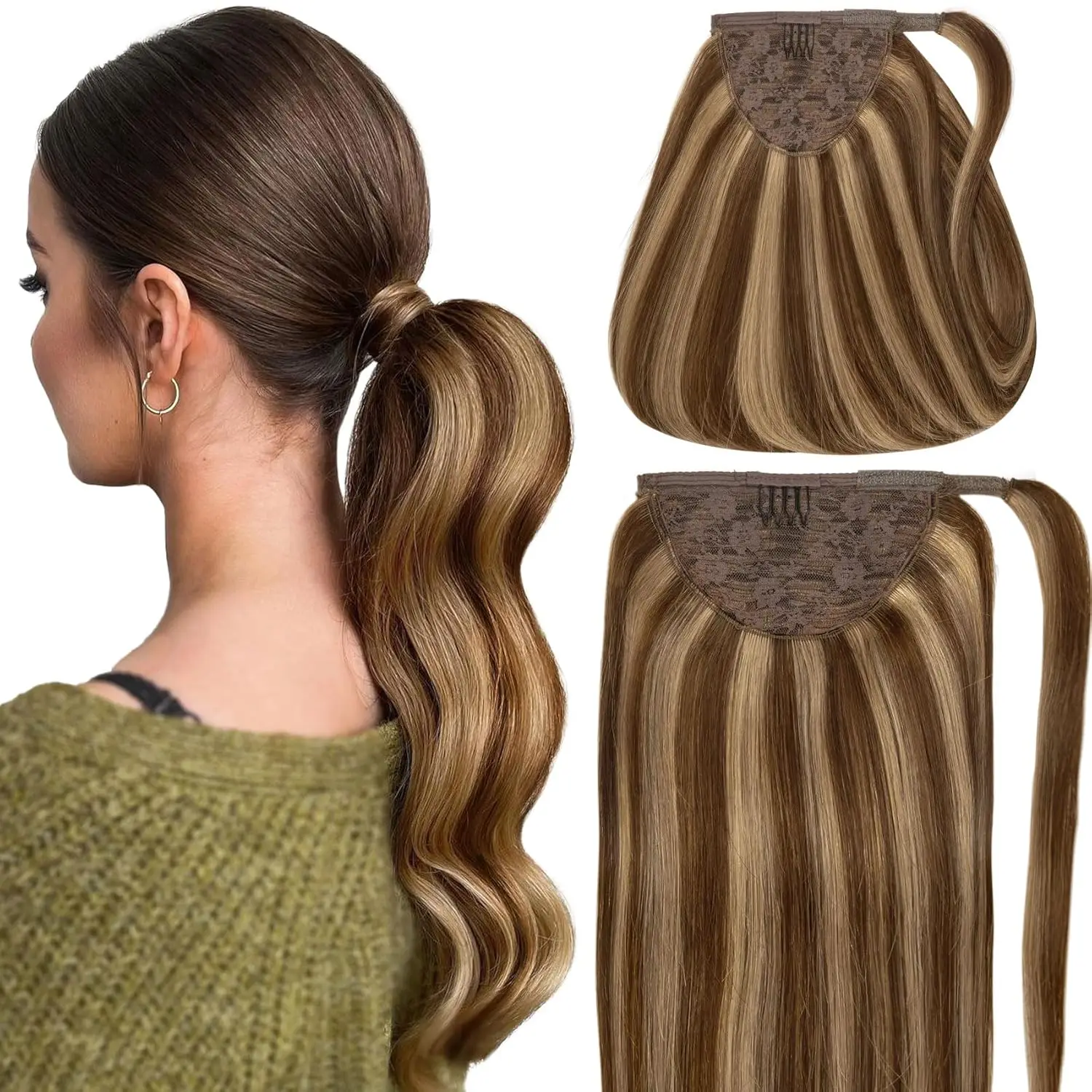 #4/27 Highlight Straight Ponytail Human Hair Extensions Brazilian Hair ...