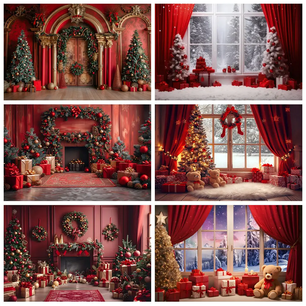 Red-Christmas-Backdrop-Photography-Fireplace-Xmas-Tree-Gift-Red-Curtain ...