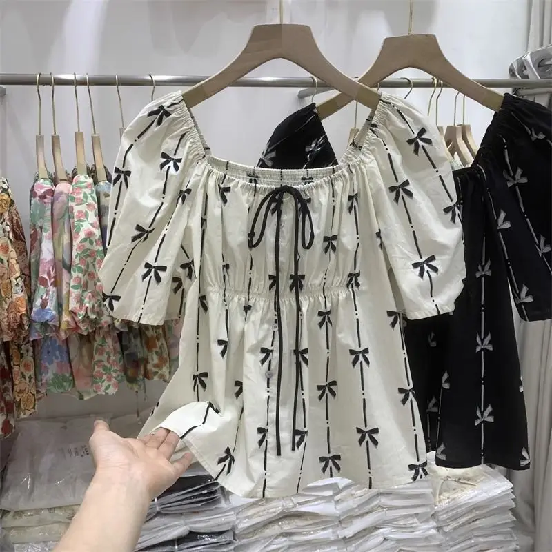 Korean-Commute-Bow-Printed-Short-Sleeve-Blouses-2024-Summer-Women-s ...