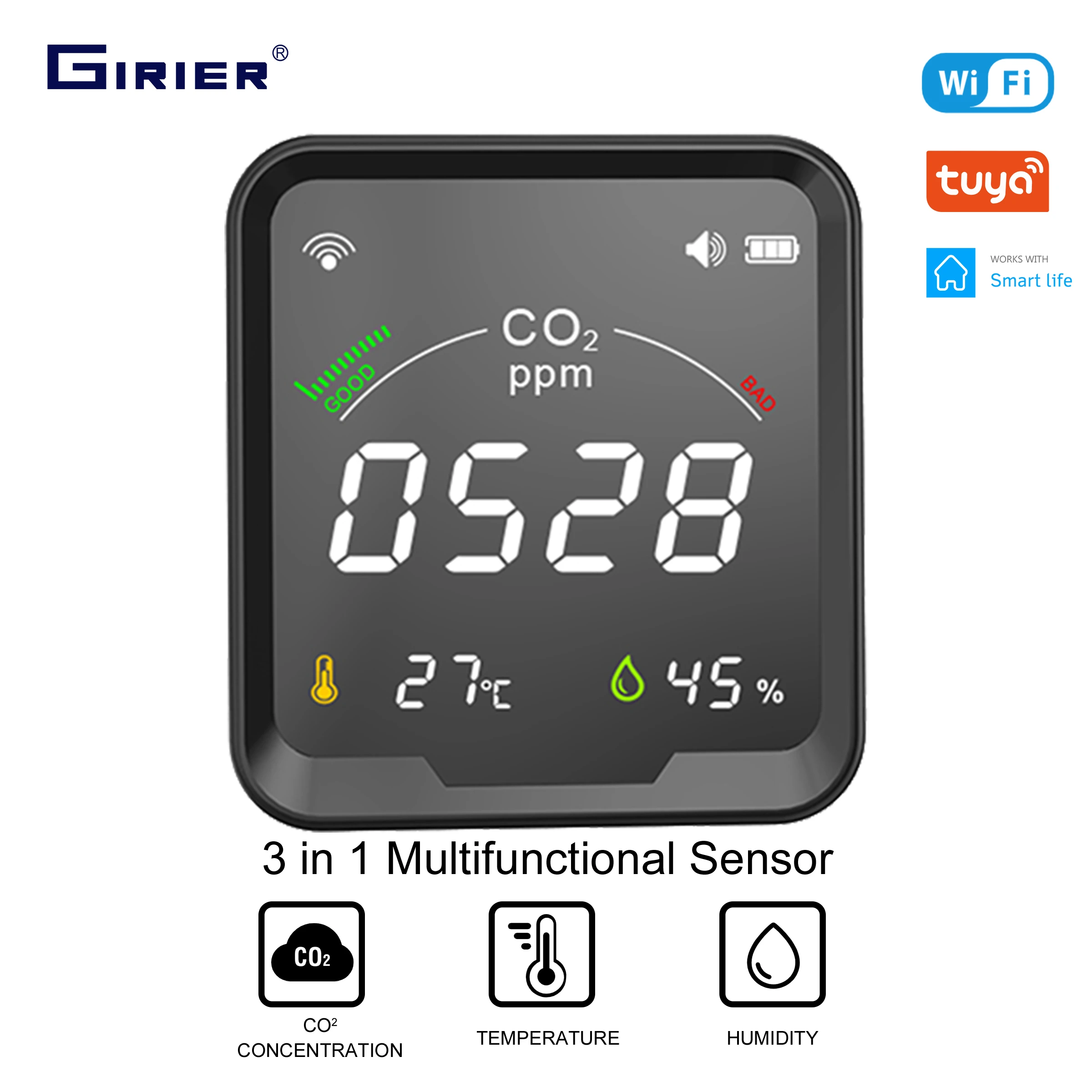 Girier Tuya Smart Wifi Co2 Sensor Smart Carbon Dioxide Meter Temperature Humidity Detector ...