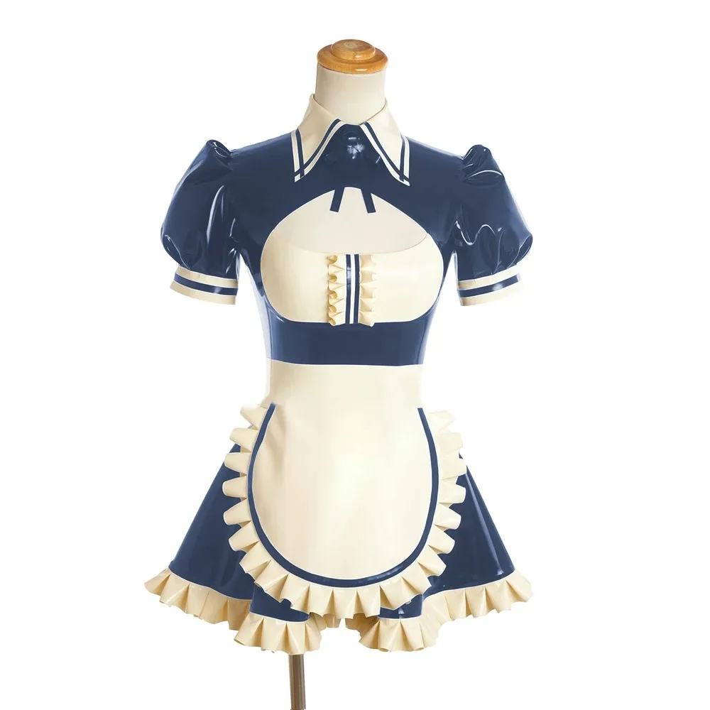 Turn-down-Collar-Short-Sleeve-Maid-Uniform-with-Apron-Pleated-Trim ...