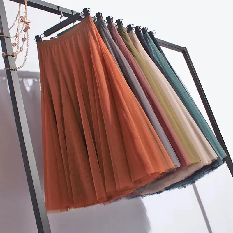 여성용 롱 얇은 명주 그물 스커트 주름 A 라인 레이어드 투투 스커트 하이 웨이스트 탄성 메쉬 플로이 맥시 스커트 웨딩