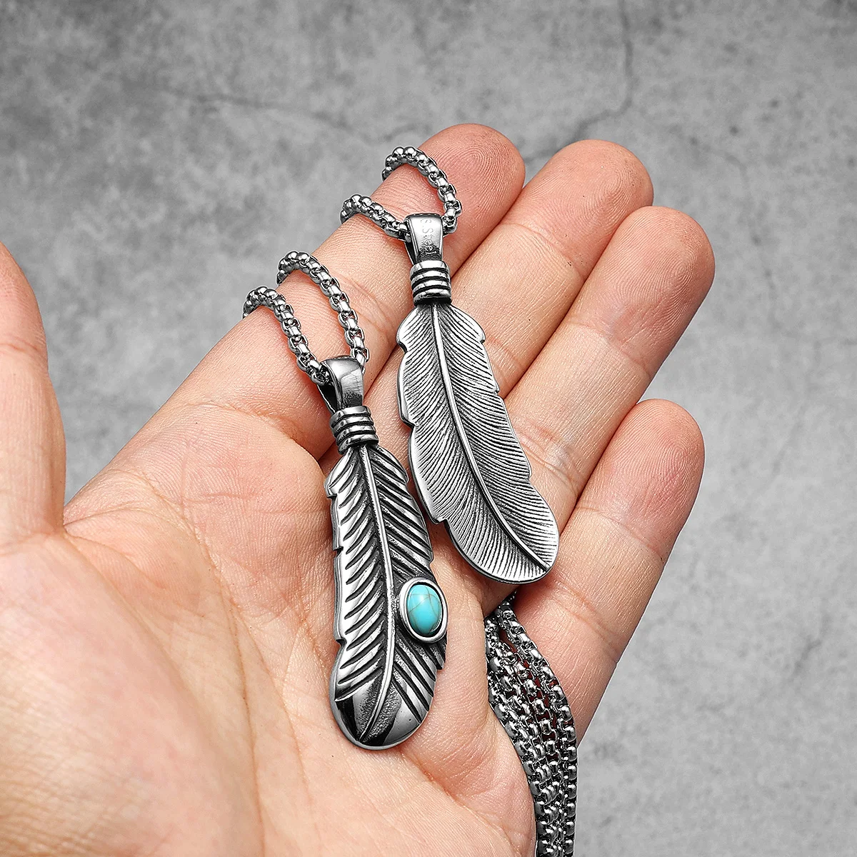 Vintage Feather Pendants Men Green Gem Necklaces 316L Stainless Steel ...