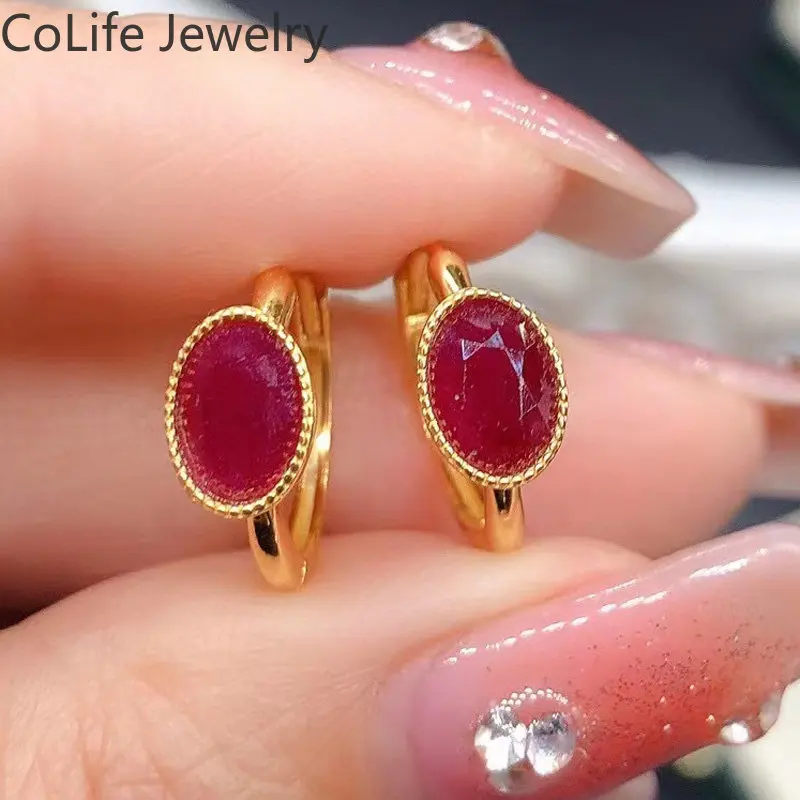 Ruby Hoop Earrings for Daily Wear 5mm*7mm Dark Red Natural Ruby 925 ...