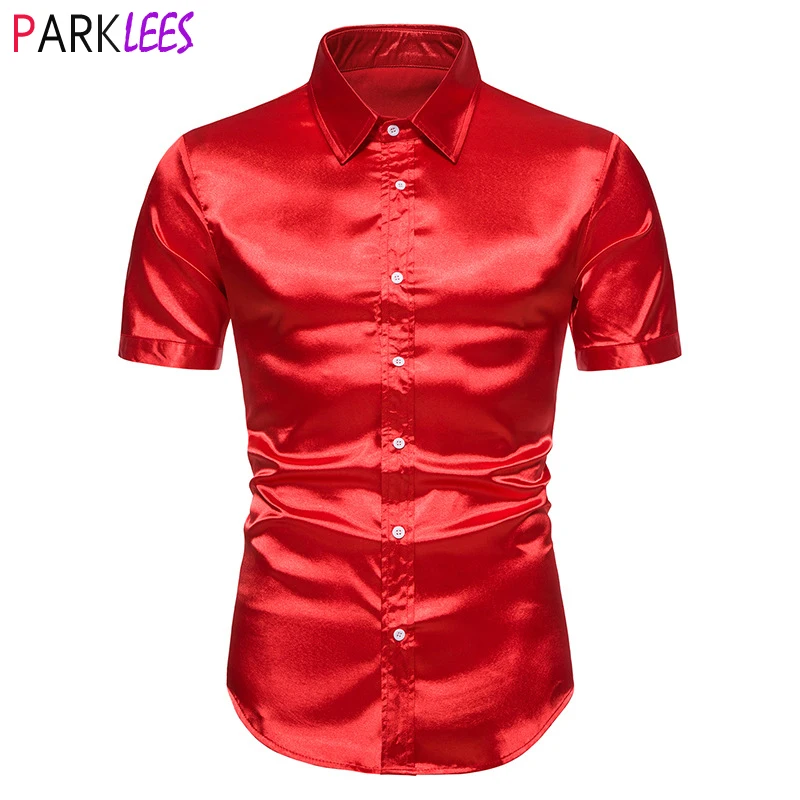 Red-Silk-Like-Satin-Shirt-Men-Short-Sleeve-Casual-Smooth-Mens-Dress ...