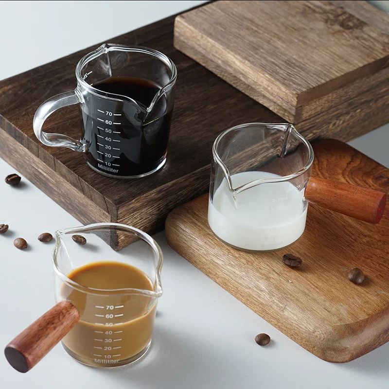 50/75/100ML Espresso Glass Cup Wooden Handle Measuring Cup Milk Latte ...