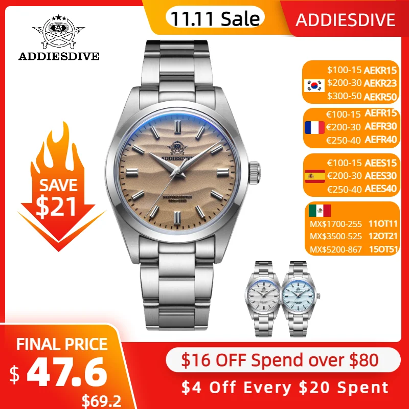 ADDIESDIVE-Men-s-Watch-Sand-Dial-36mm-Quartz-Watch-100m-Waterproof-316L ...