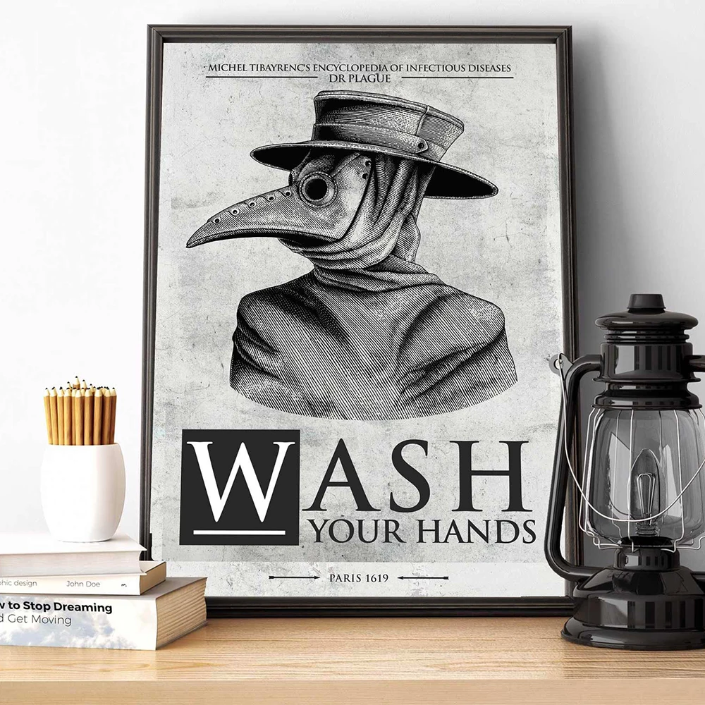 Vintage Poster Plague Doctor Wash Your Hand Sign Black White Retro Wall ...