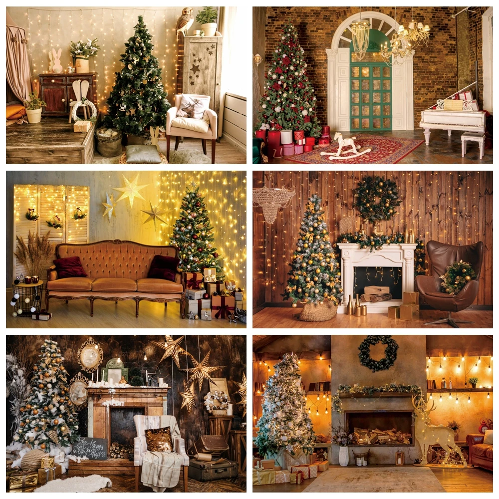 Backdrop-Cl-ssico-Retro-Interior-rvore-de-Natal-Lareira-Luz-Colorida ...