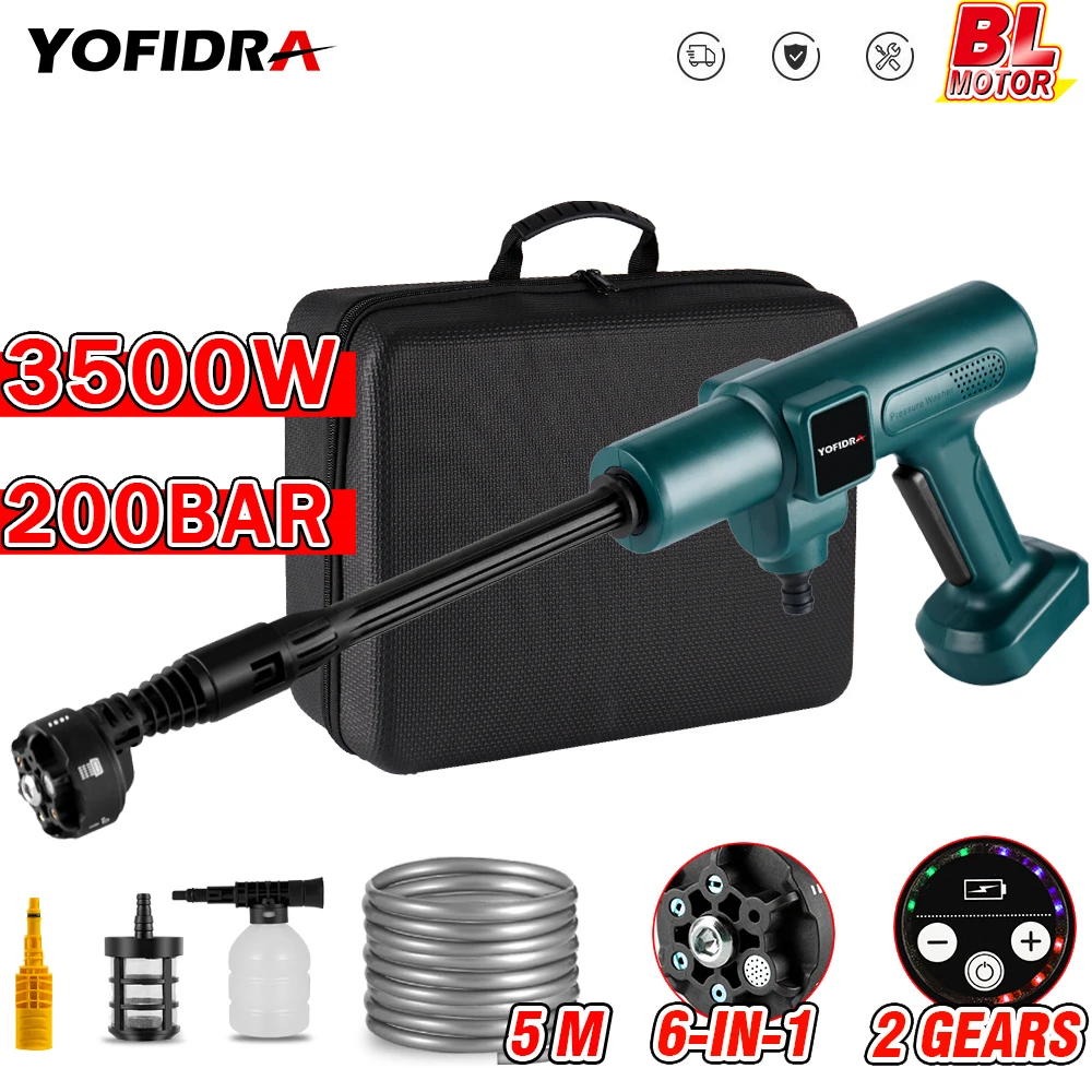 브러시리스 전기 고압 세척기 세차 물총, 마키타 18V 배터리, 정원 관개 물총, 3500W, 200Bar