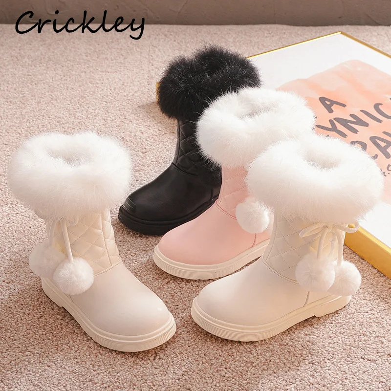 Faux-Fur-Girls-Fashion-Boots-2024-Winter-Pom-Pom-PU-Solid-Children-Mid ...