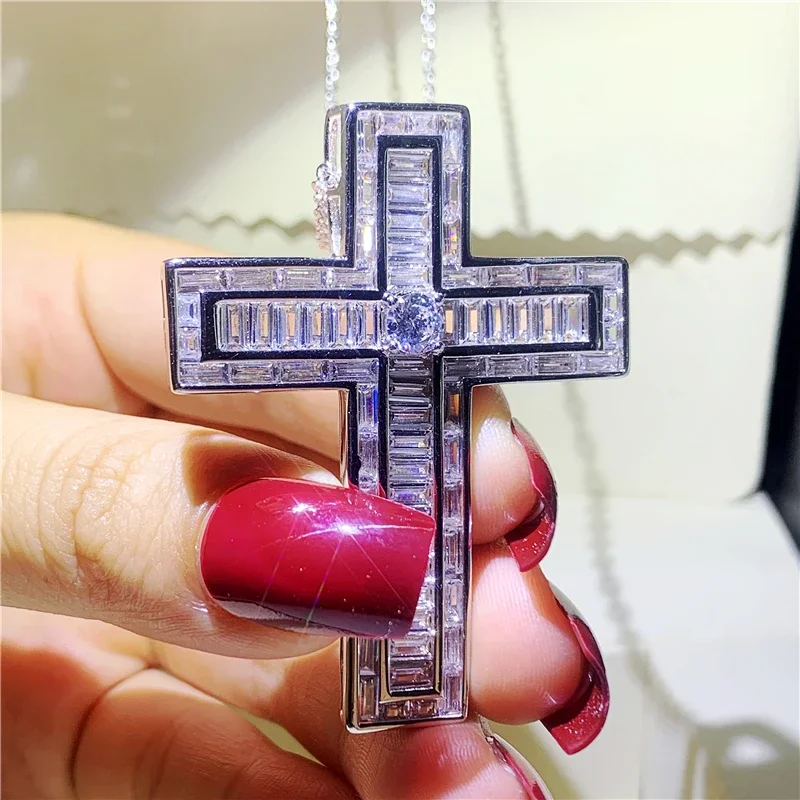 Luxury Long Cross Pendant Necklace 925 Sterling Silver T Shape Diamond ...
