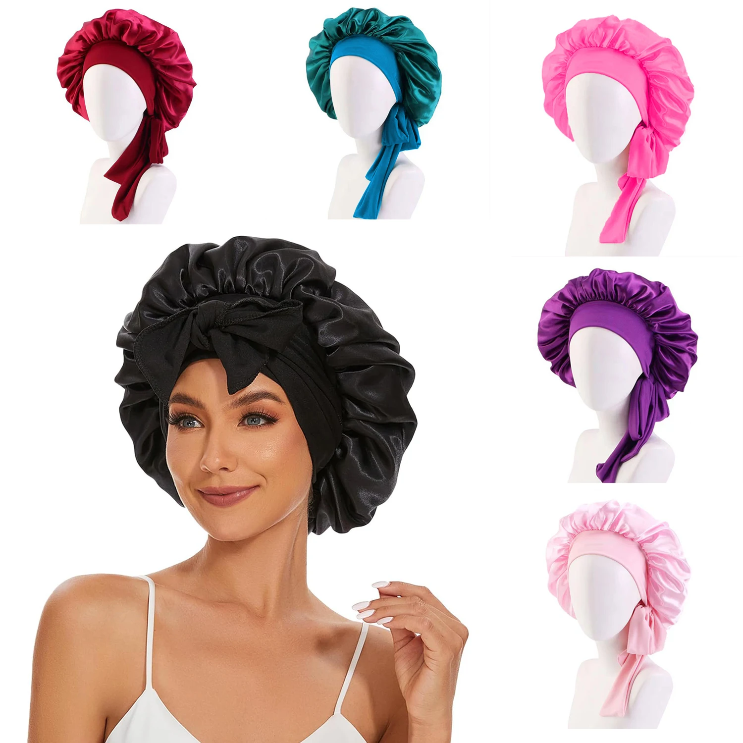 Woman-s-Bonnet-Sleeping-Cap-With-Tie-Band-Extra-Satin-Silk-Bonnet-For ...