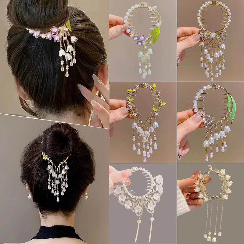 Elegant-Lily-Of-The-Valley-Flower-Pearl-Rhinestone-Tassel-Ponytail ...