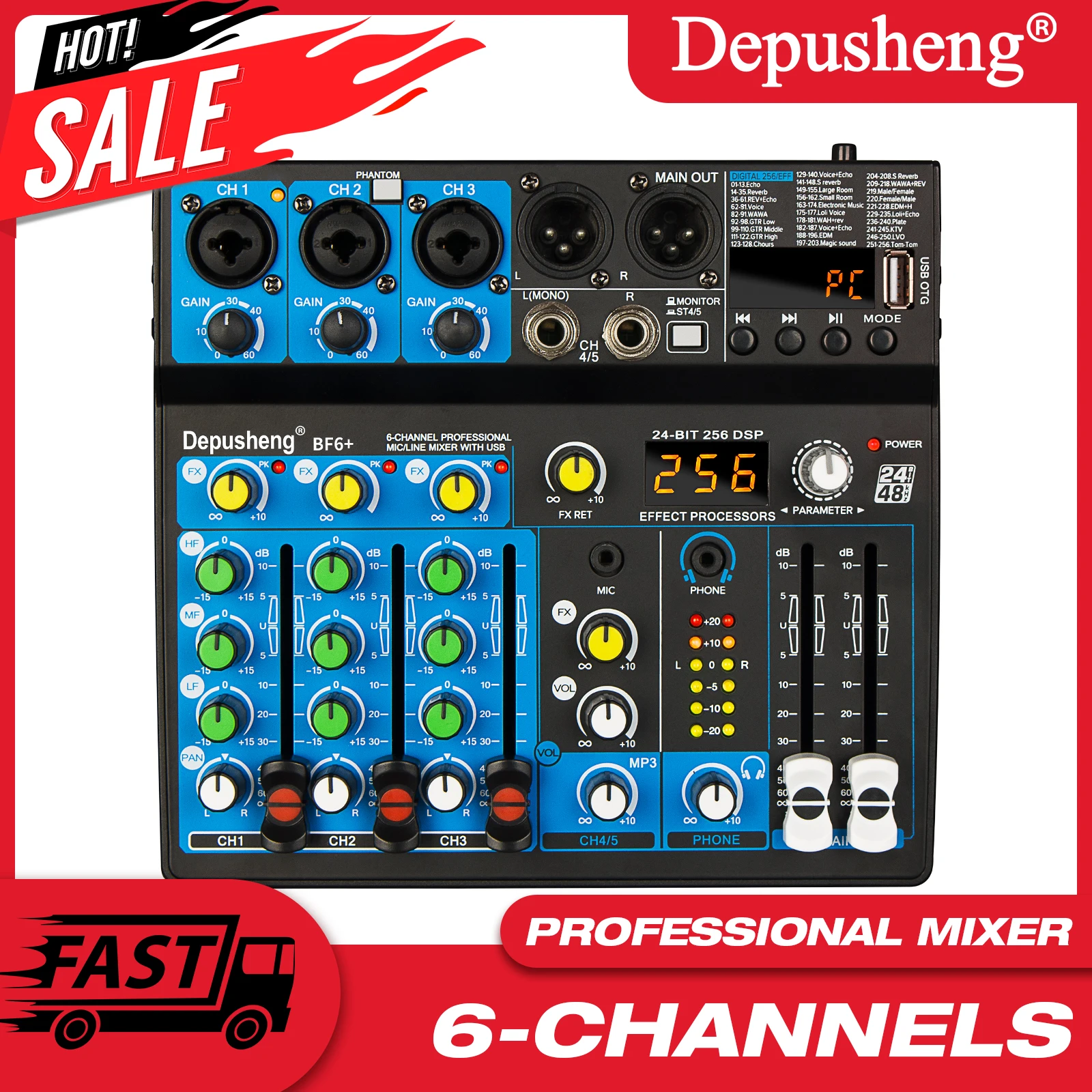 6 Channel Bluetooth 48V Power Supply DJ Recording Sound Console Mixer ...